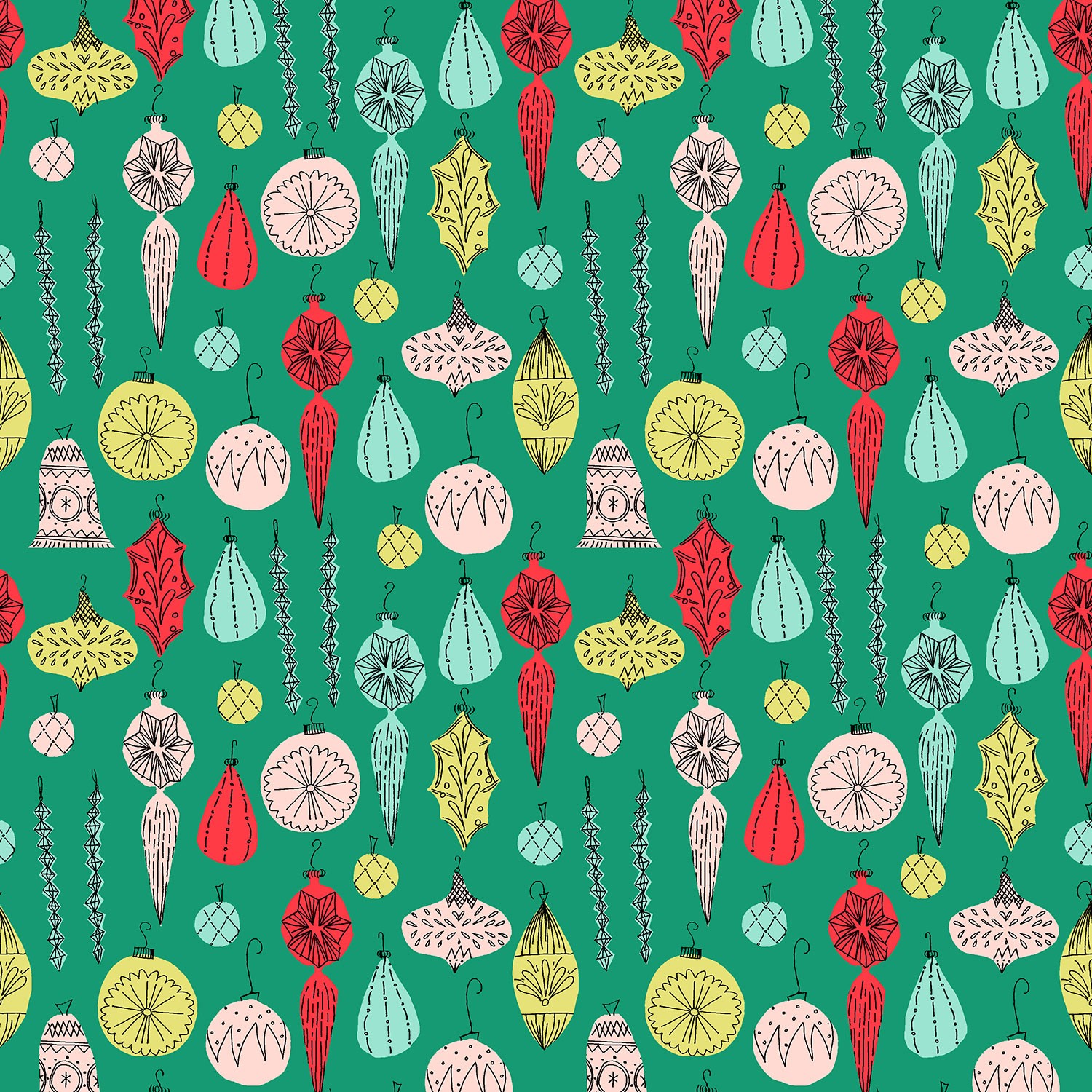 Christmas Charms & Baubles Green Quilting Fabric | Connecting Threads