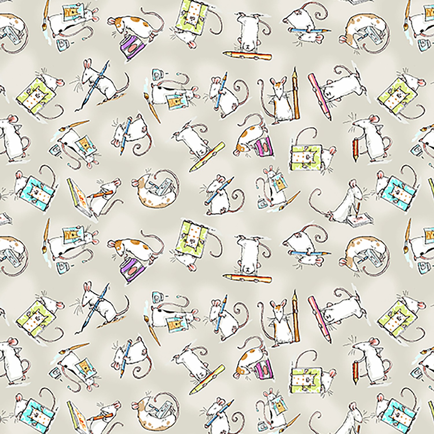 Art Club Mice Khaki Quilting Cotton Fabric | Connecting Threads