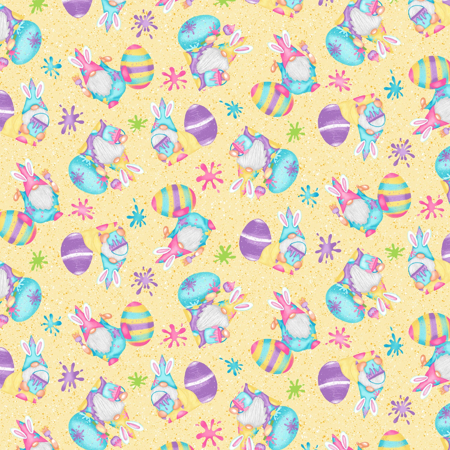 Hoppy Easter Gnomies Paint Splatter Gnomies and Eggs Yellow Quilting Cotton Fabric Yardage ...
