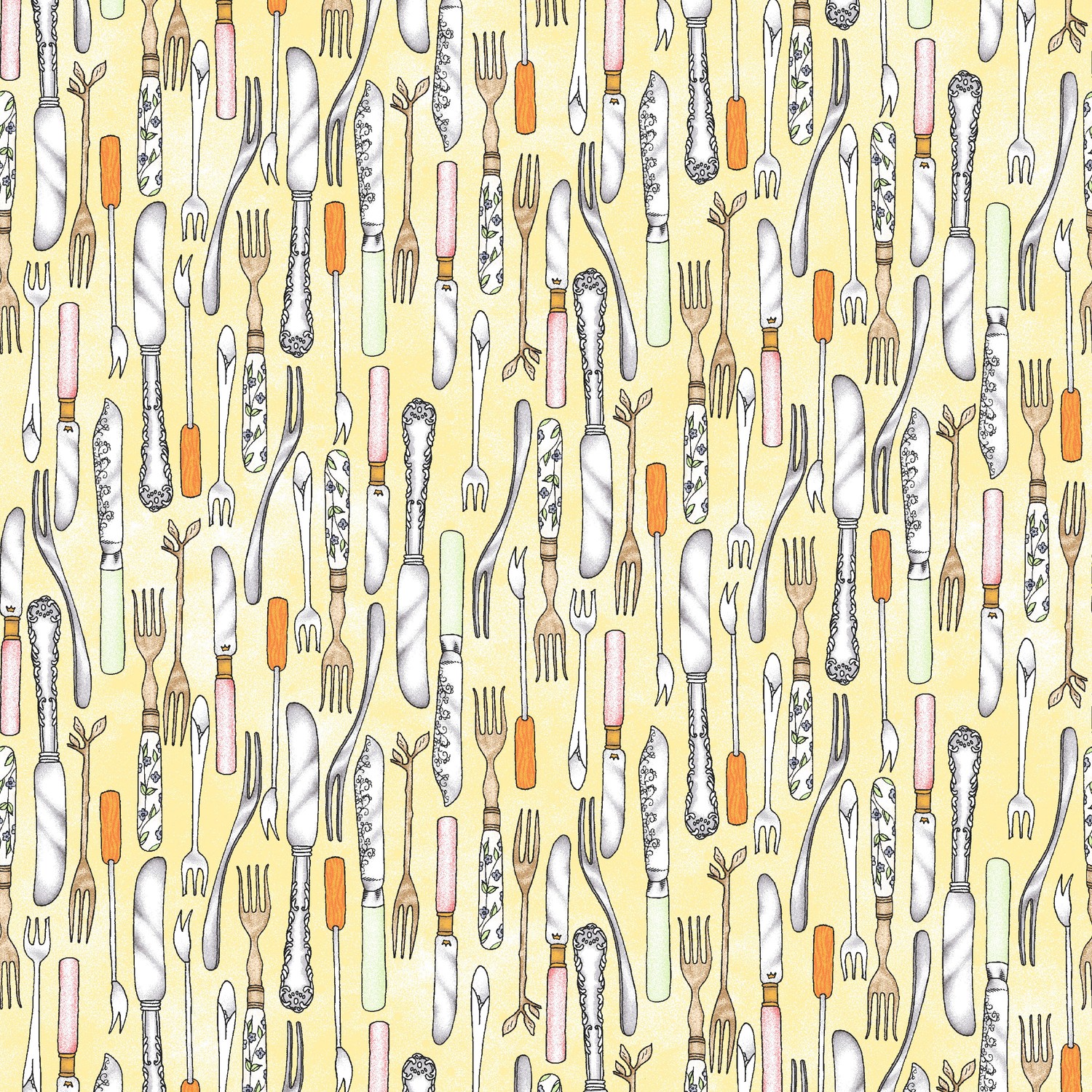 Fancy Fruit Knife Fork Yellow Quilting Fabric | Connecting Threads