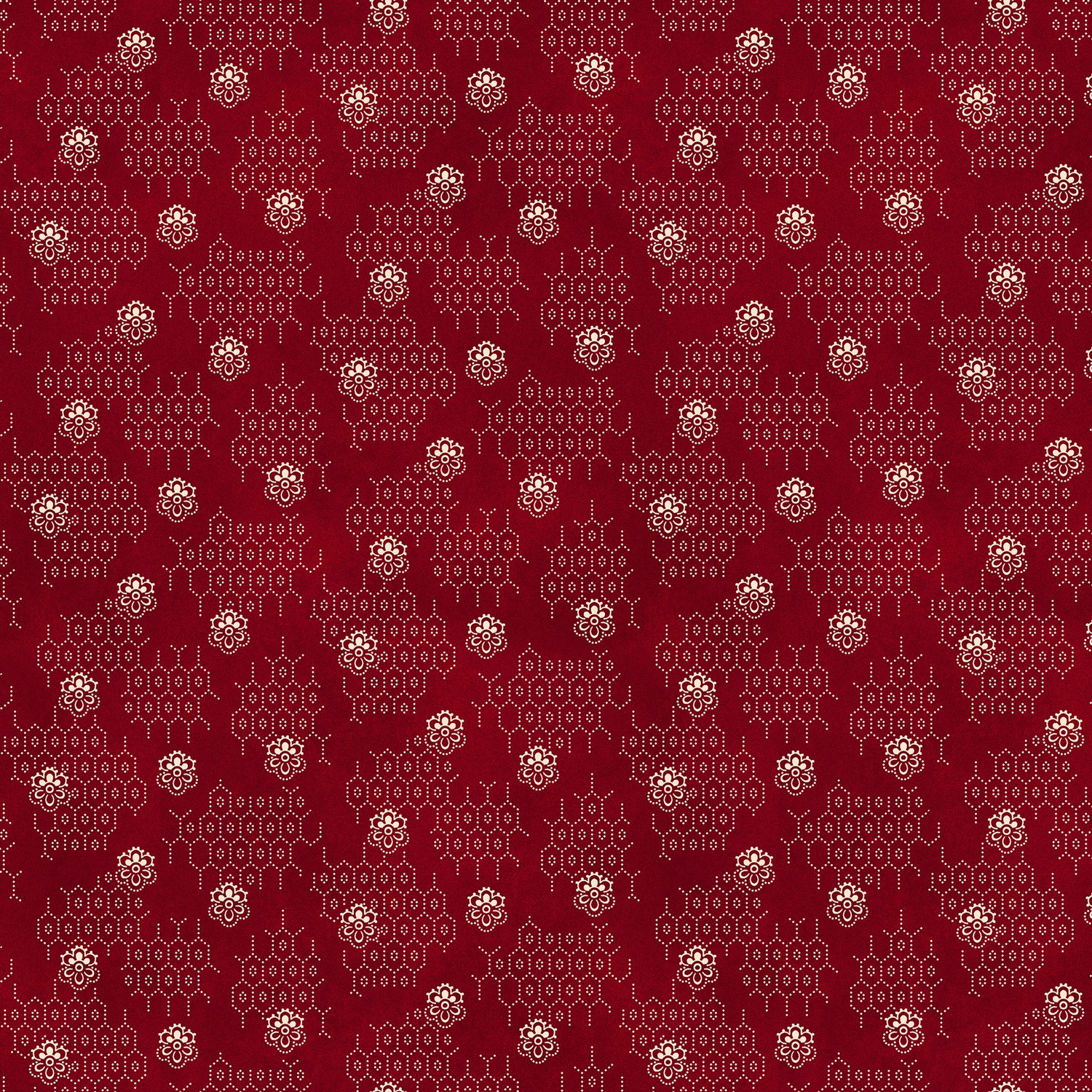 Memories in Redwork Floral & Honeycomb Dark Red Quilting Fabric