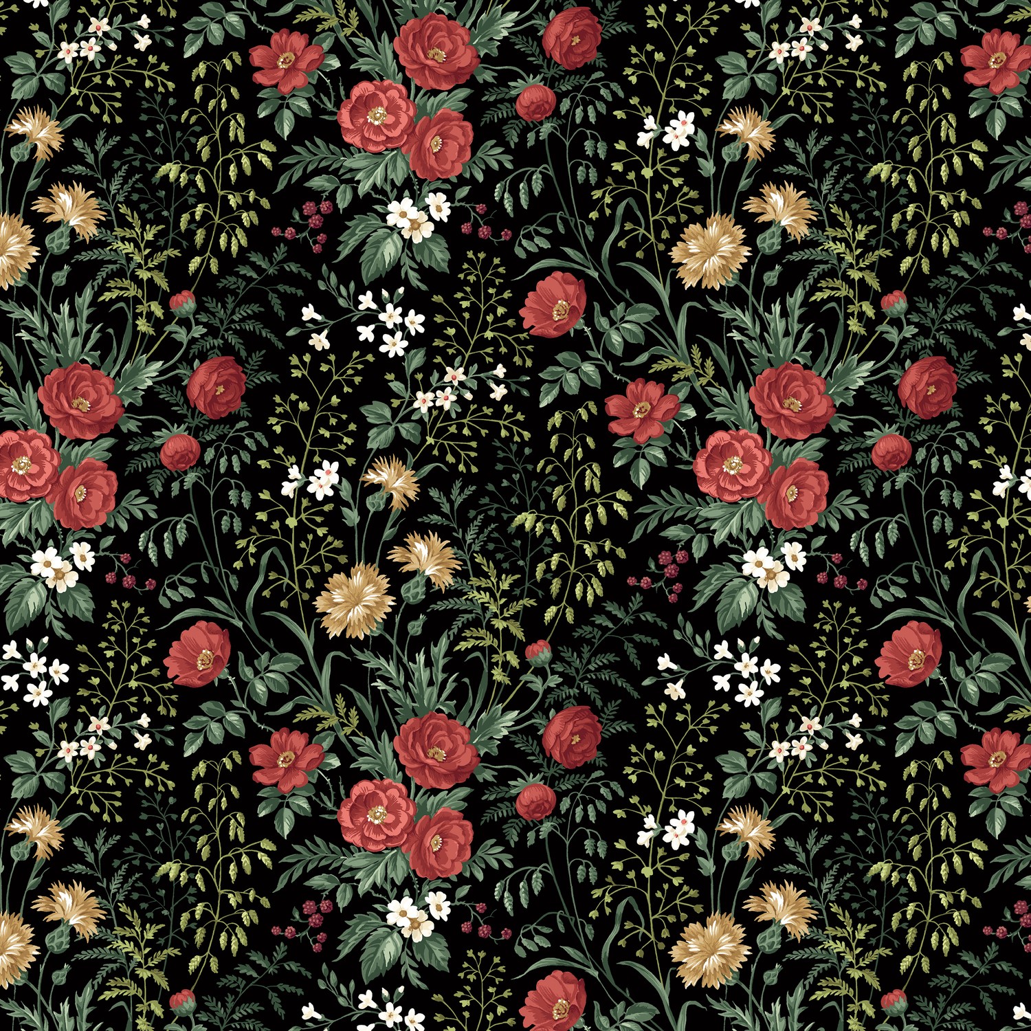 Evening Stroll Wild Begonias Black Quilting Cotton Fabric Yardage ...