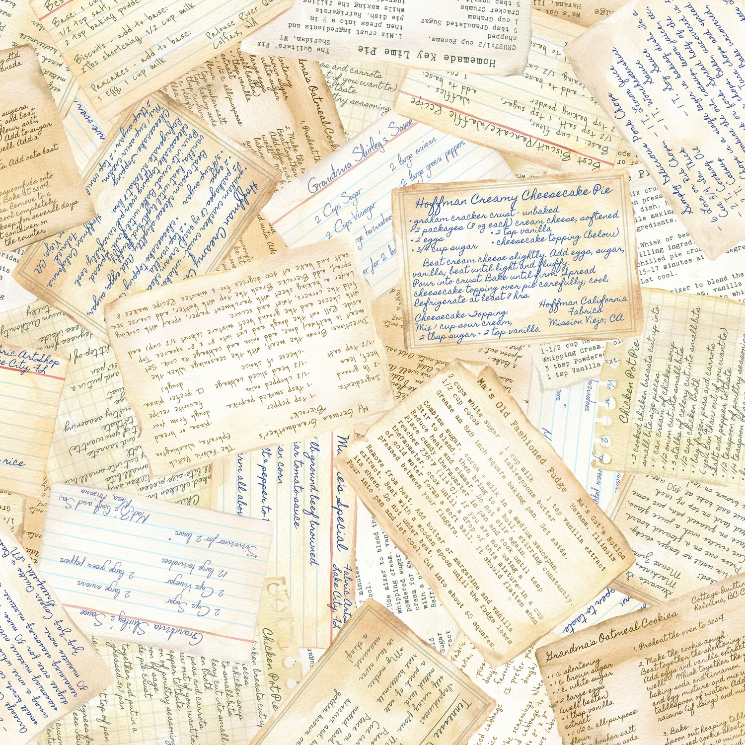 Dash of Love Recipe Cards Antique Beige Quilting Cotton Fabric Yardage | ConnectingThreads.com