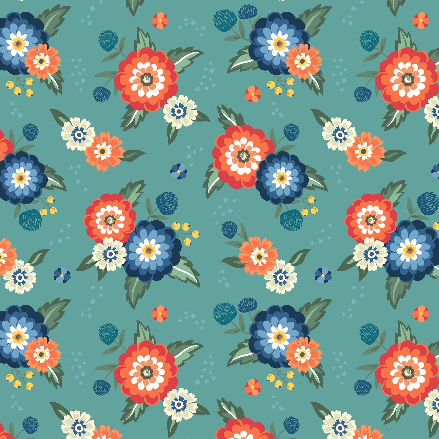 Clover Dot Dahlia Bouquets Soft Teal Quilting Fabric | Connecting Threads
