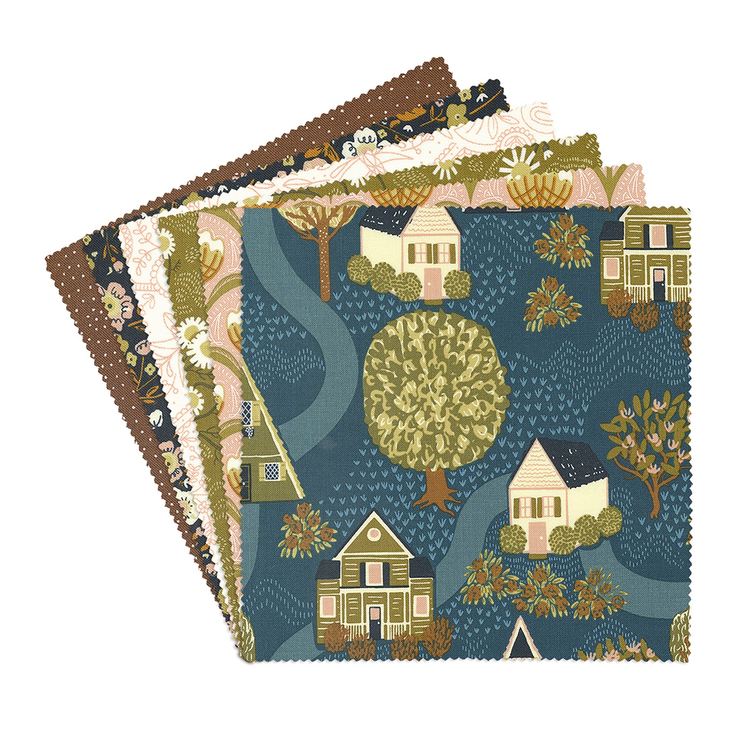 Quaint Cottage 10" Squares - Pink, Teal, Multi-Color Fabric