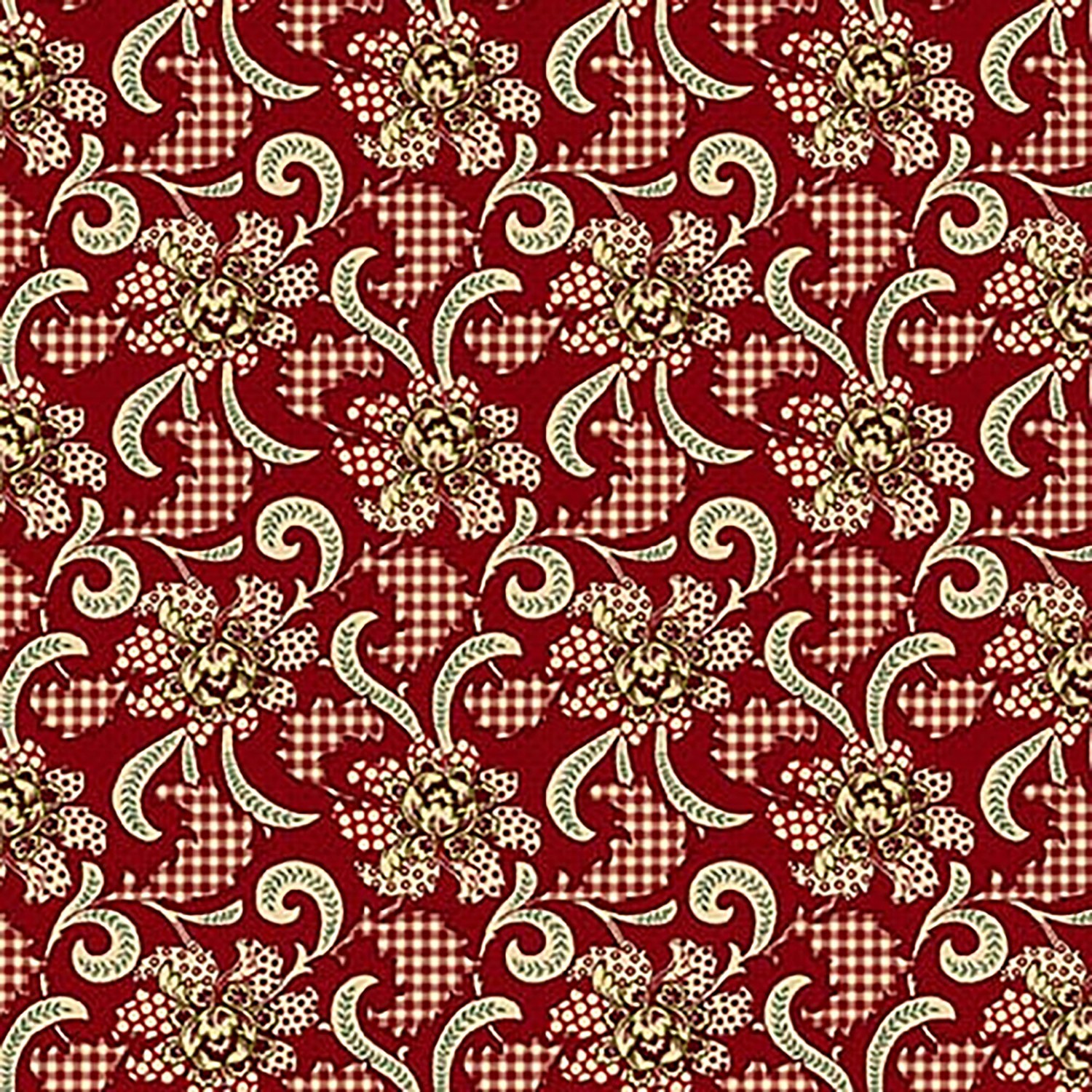 Garnets & Gingham - Stylized Patterned Floral-Garnet Cotton Quilting Fabric Yardage ...
