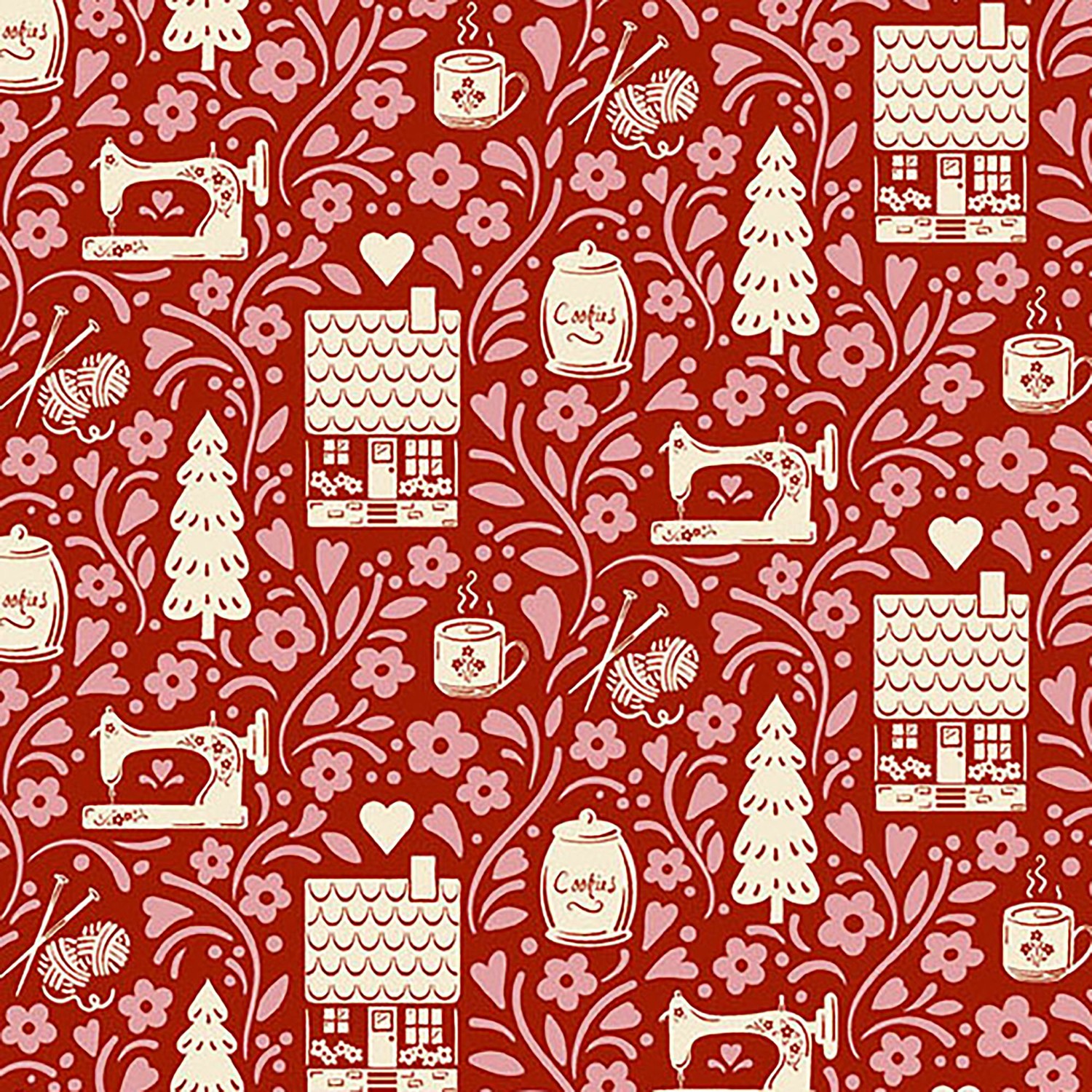 Cozy House - Cozy House Vignette Garnet Quilting Cotton Fabric Yardage | ConnectingThreads.com