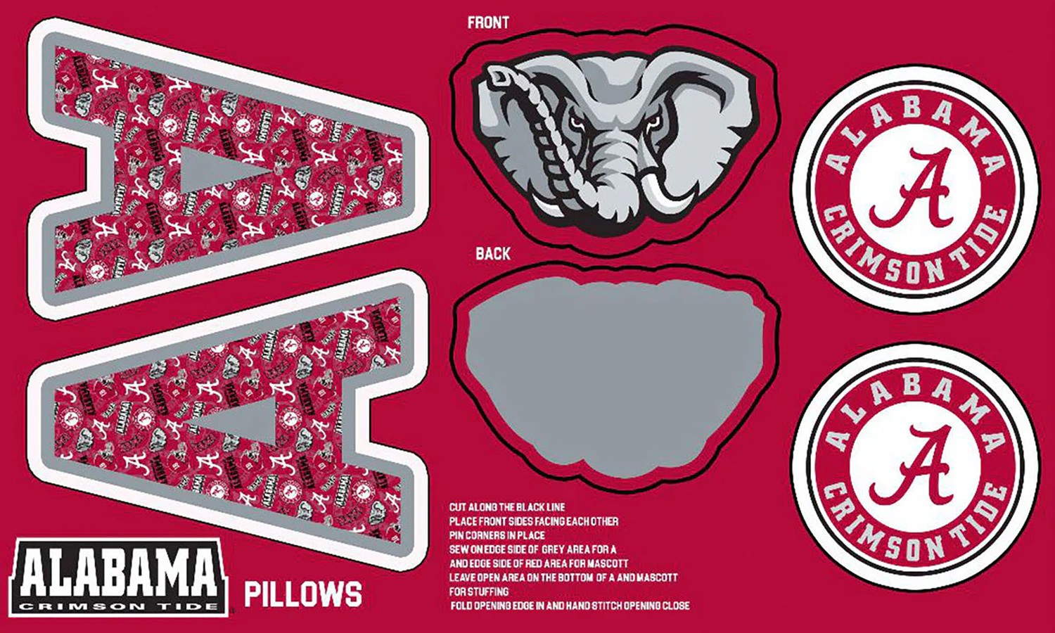 NCAA - University of Alabama Ready-to-Sew Minky Pillow Panel ...
